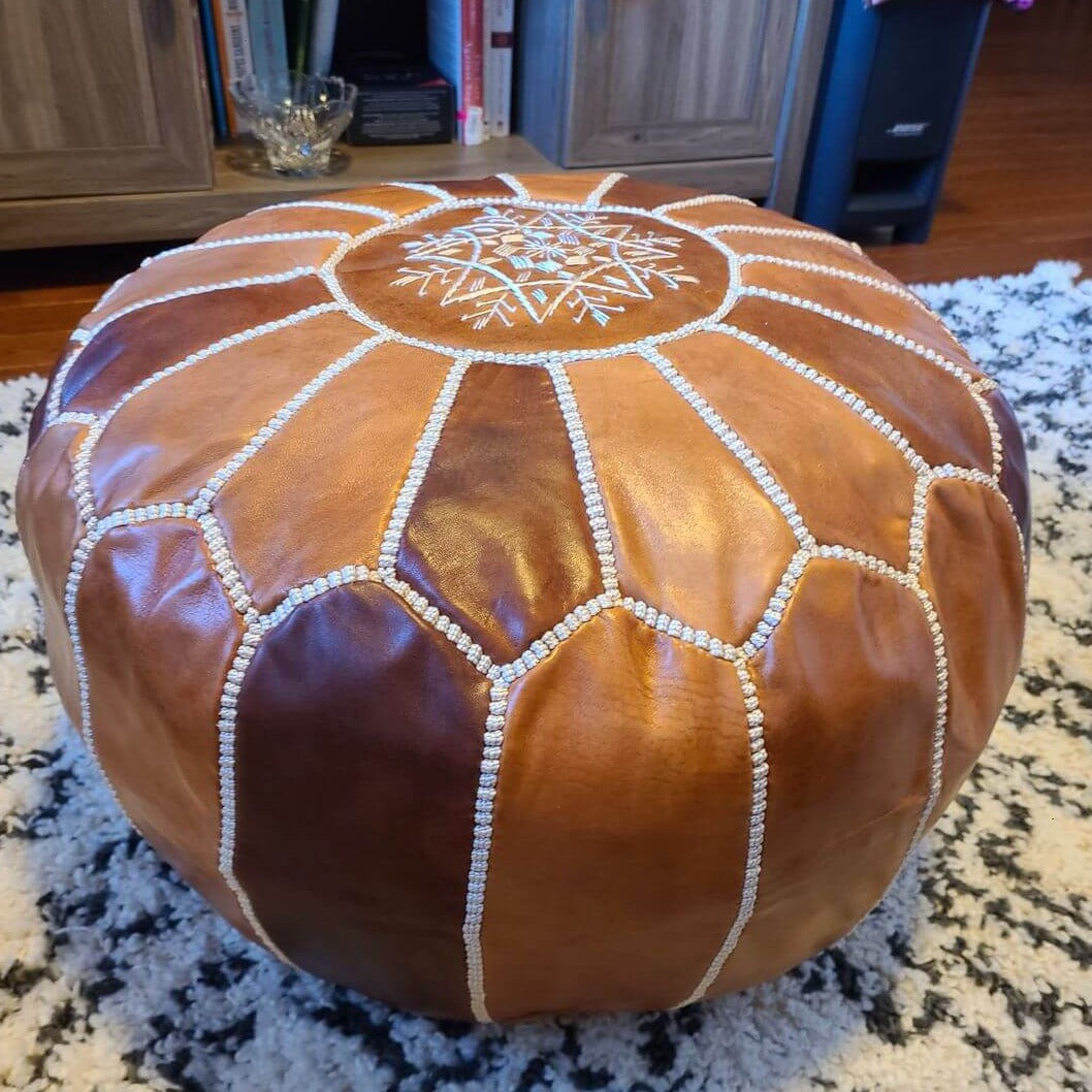 Leather Moroccan Pouf in Variations Caramel Brown | Maison Morocco